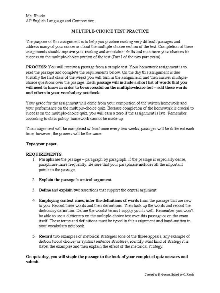 AP Lang MC Practice HW Guide | PDF | Multiple Choice | Homework