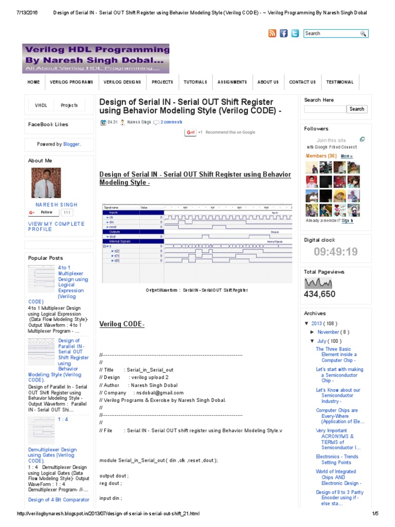 Design of Serial in - Serial OUT Shift Register Using Behavior Modeling Style (Verilog CODE ...