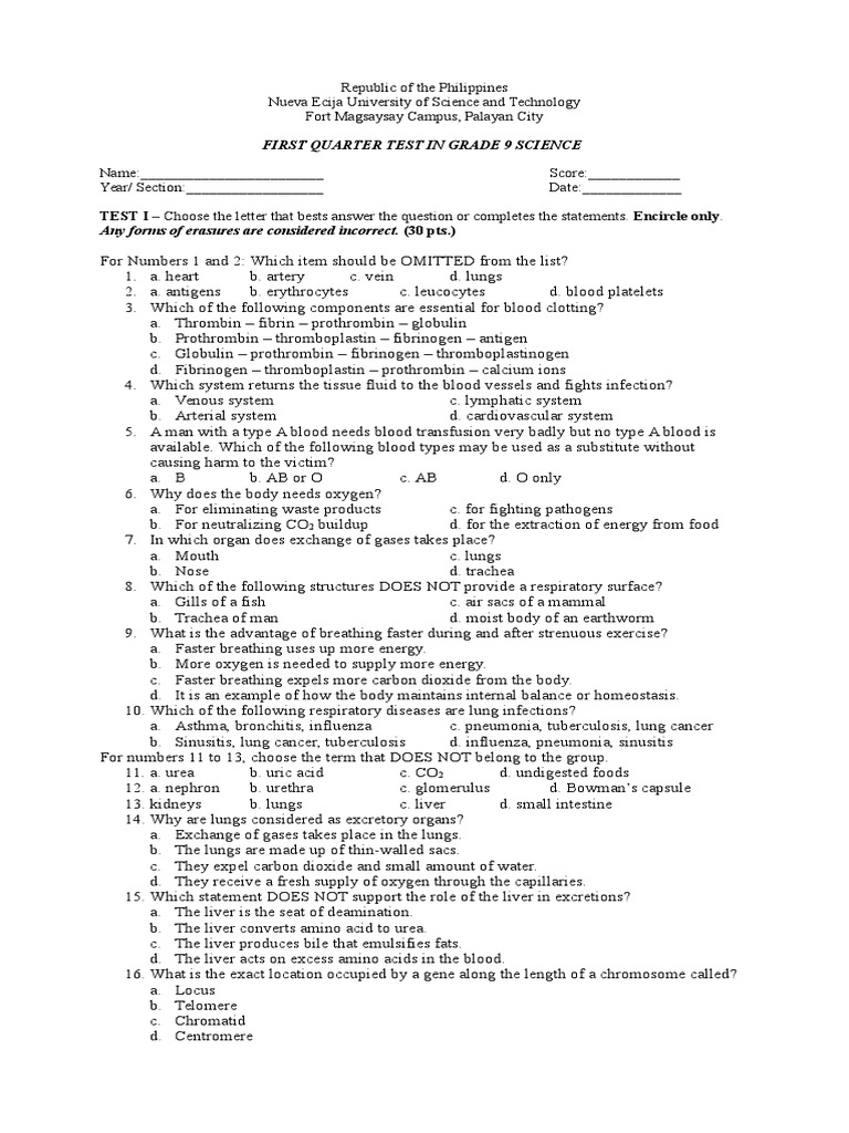 Grade 9 Science 1st Quarter 2016 | PDF | Blood | Lung