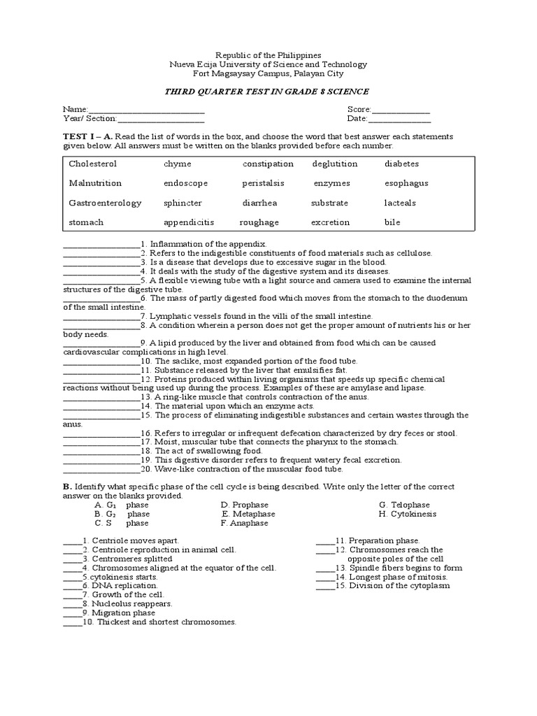 Grade 8 Science 3rd Quarter | PDF | Cell (Biology) | Human Digestive System