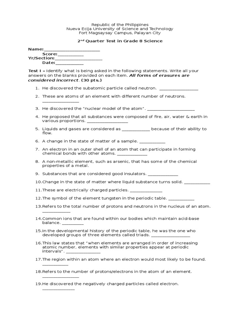 2nd Quarter Grade 8 | PDF | Atoms | Chemical Elements