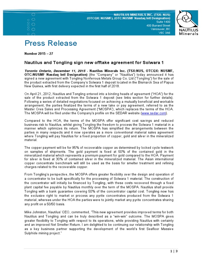 Press Release: Nautilus and Tongling Sign New Offtake Agreement For ...