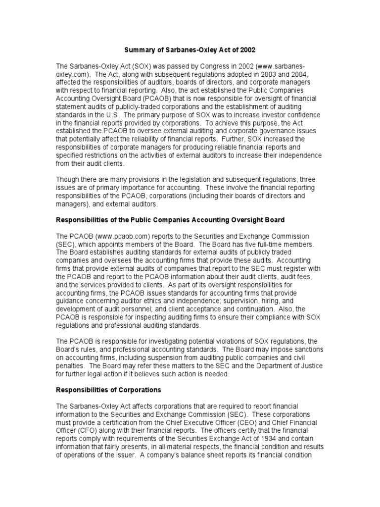 Summary SOX | PDF | Sarbanes–Oxley Act | Financial Audit