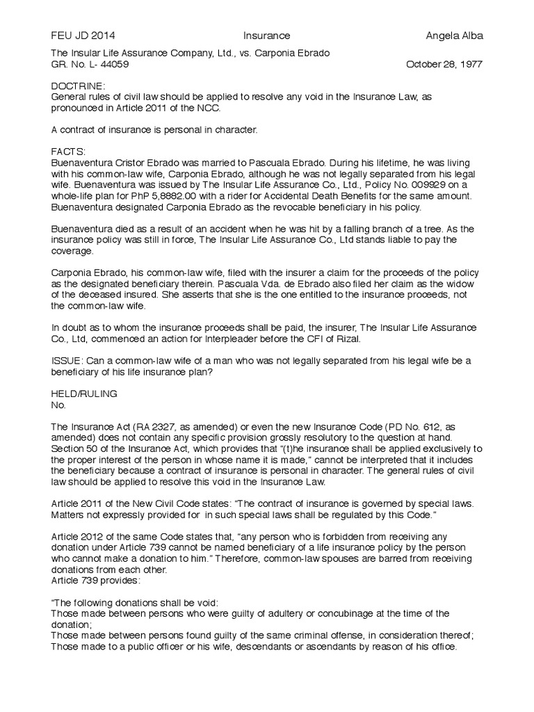 Insular Life V Ebrado Digest | PDF | Life Insurance | Insurance