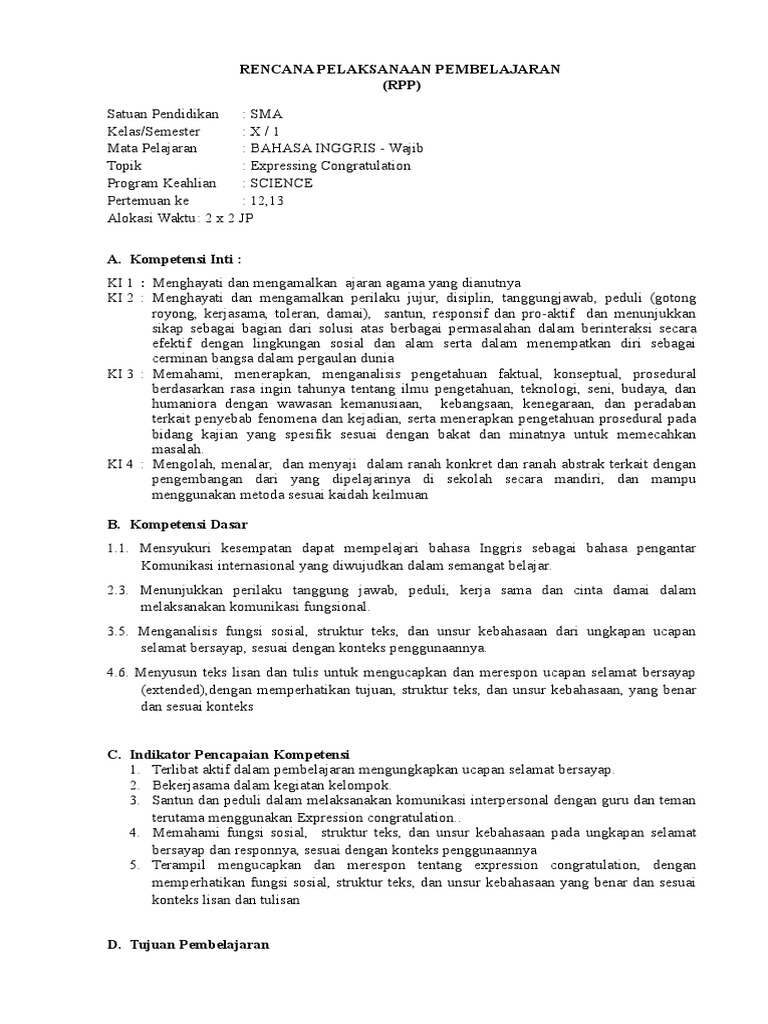 RPP SMA (10) K13 Expressing Congratulation | PDF | Karier & Perkembangan | Seni & Disiplin Bahasa