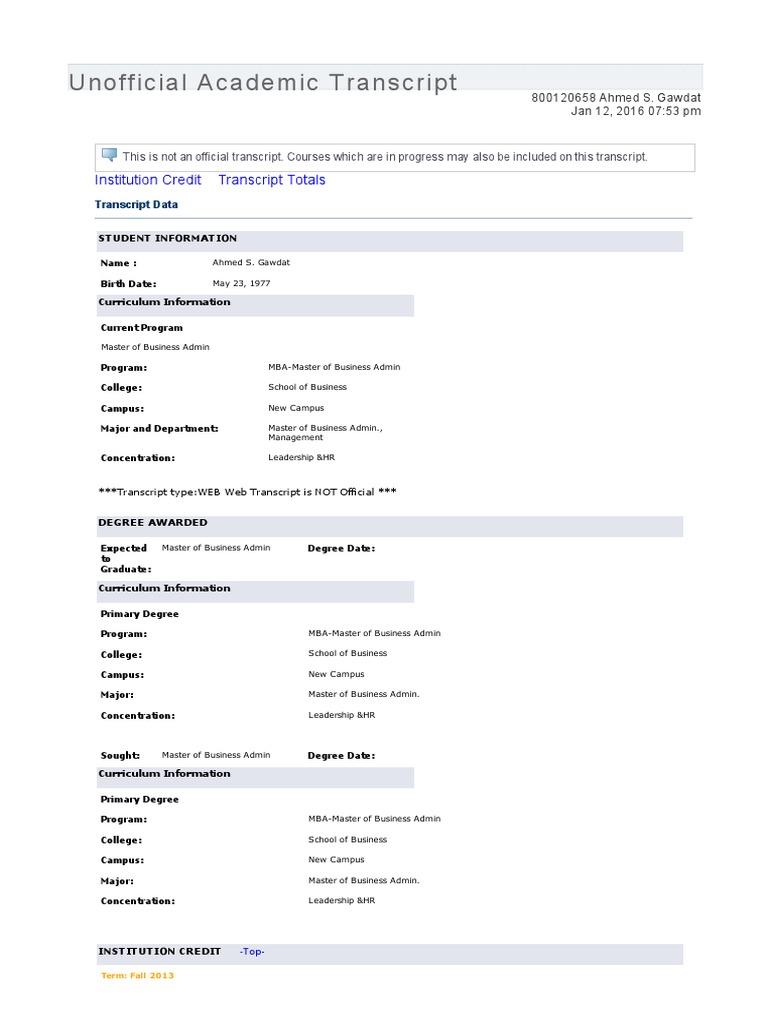 MBA Academic Transcript | PDF | Academic Degree | Master Of Business ...