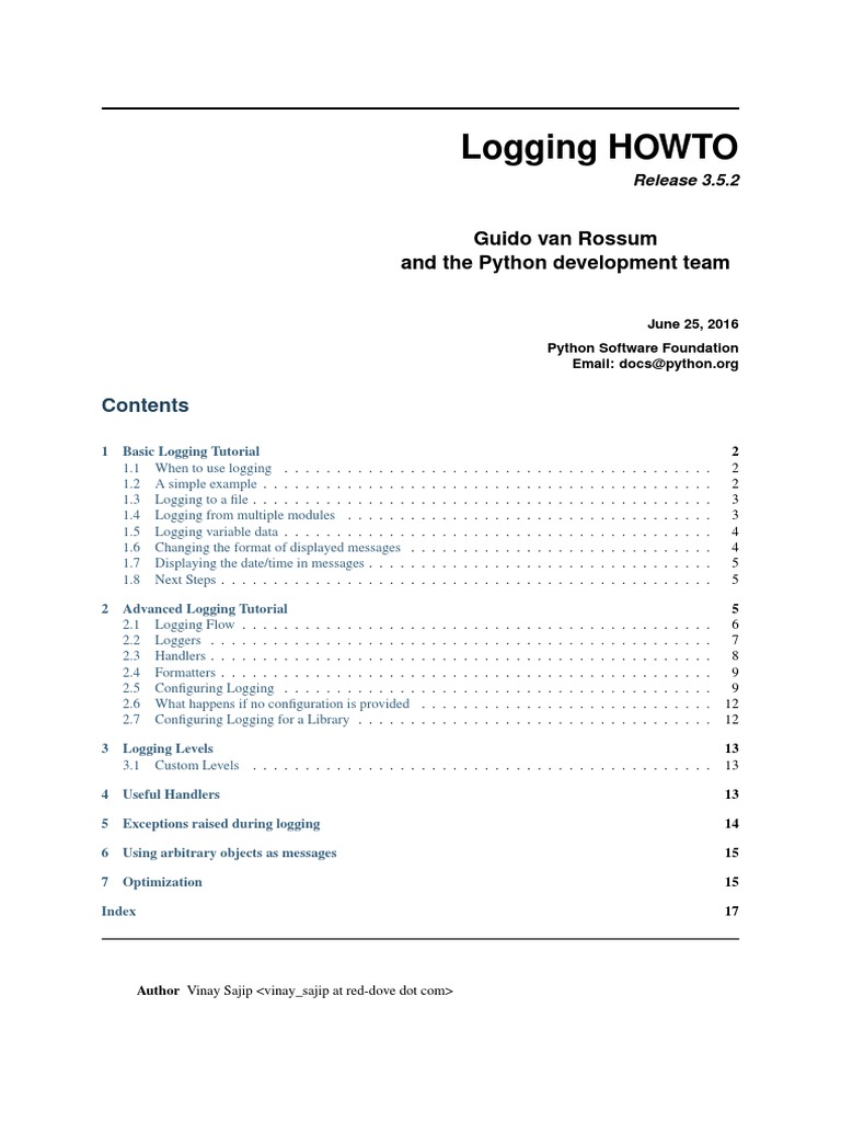 Logging HOWTO: Guido Van Rossum and The Python Development Team | PDF | Parameter (Computer ...