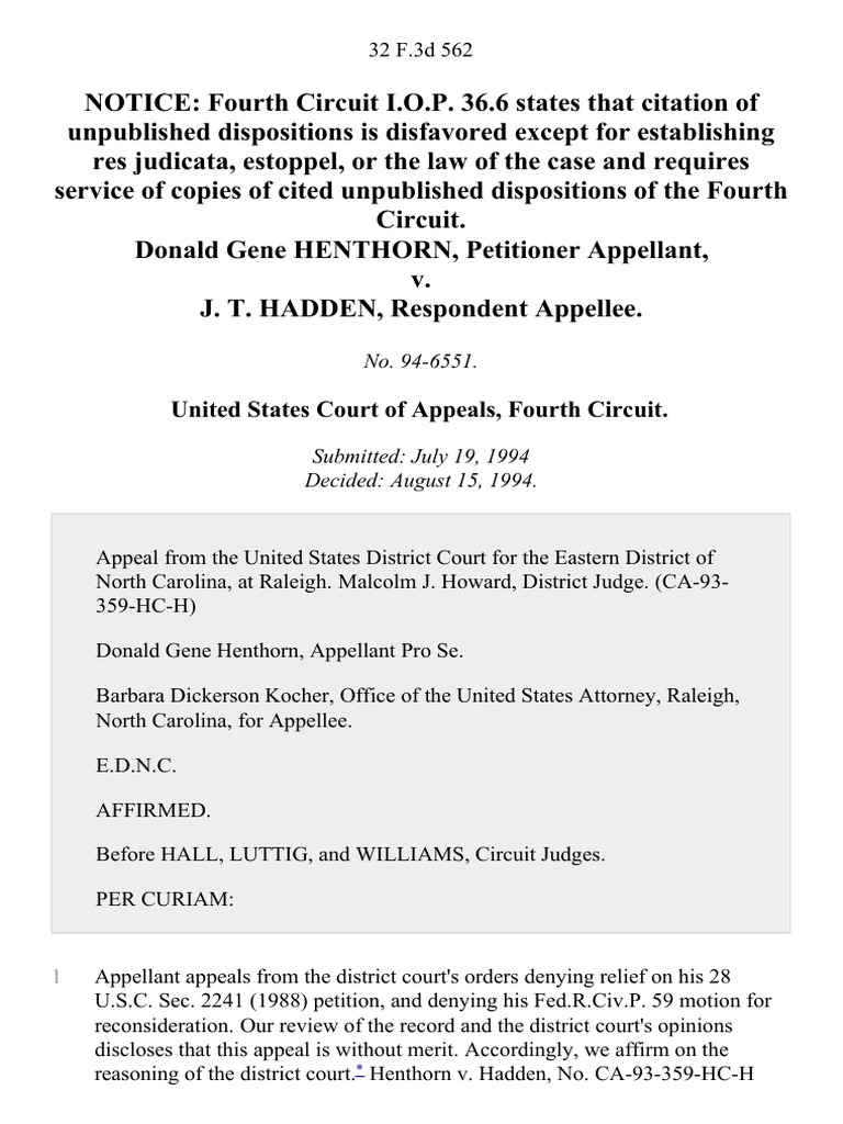 Donald Gene Henthorn v. J. T. Hadden, 32 F.3d 562, 4th Cir. (1994) | PDF