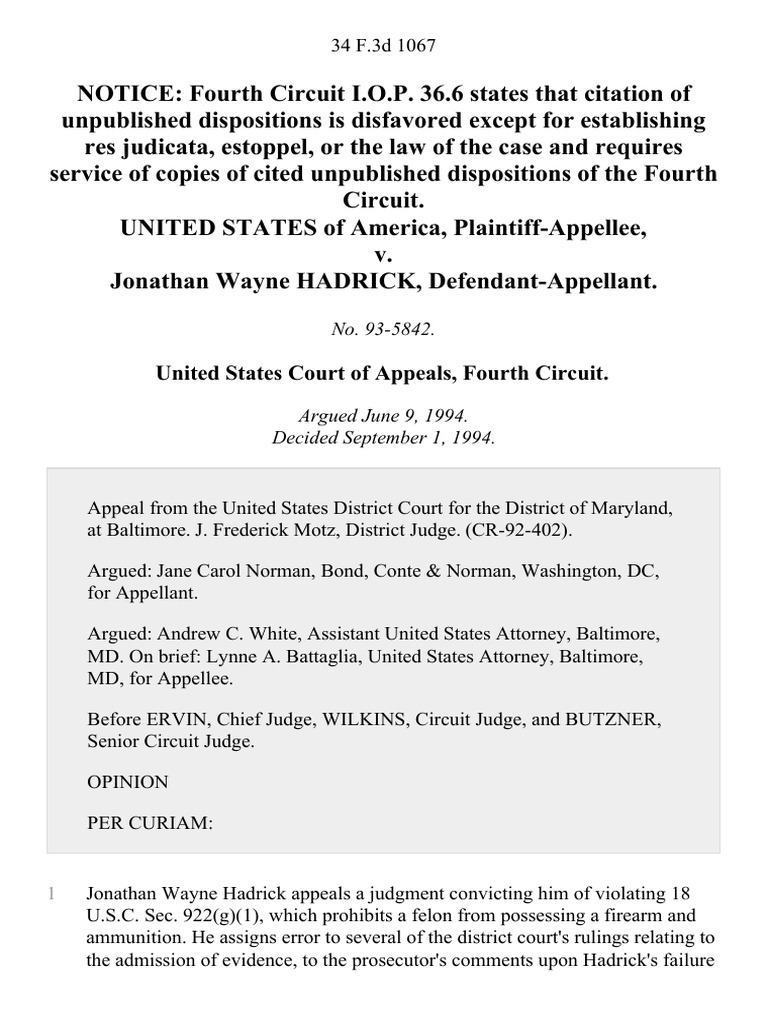 United States v. Jonathan Wayne Hadrick, 34 F.3d 1067, 4th Cir. (1994 ...