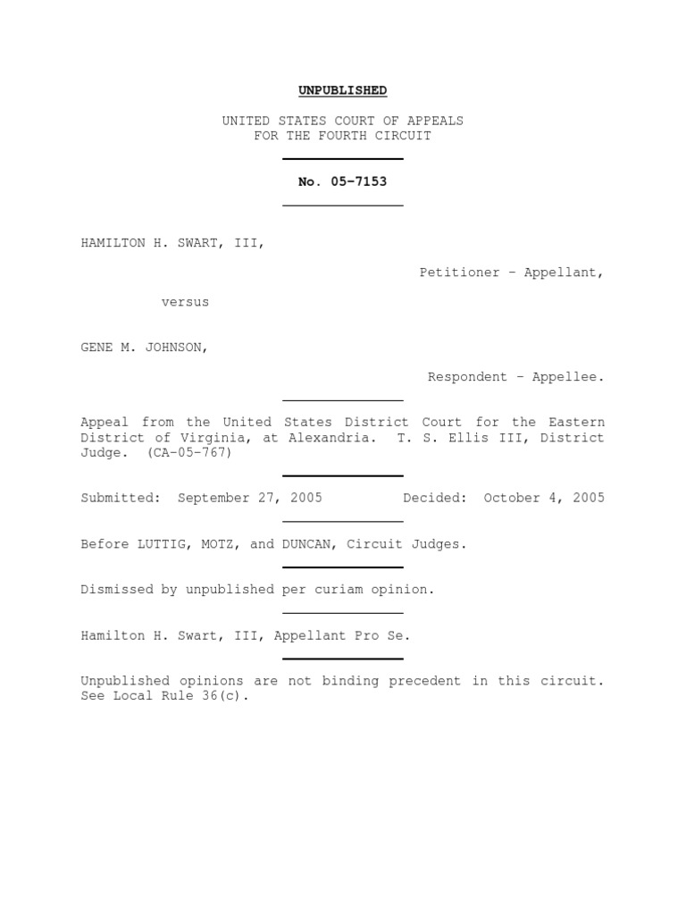 Appeal Dismissal: Swart v. Johnson | PDF