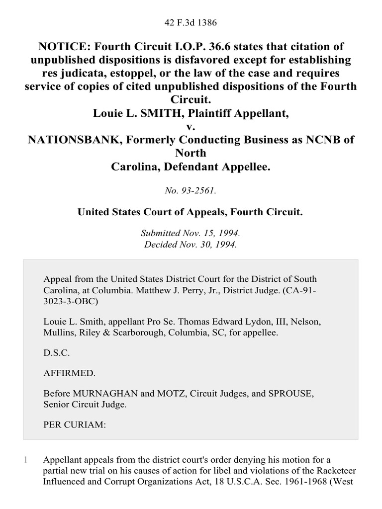Louie L. Smith v. Nationsbank, Formerly Conducting Business As NCNB of ...