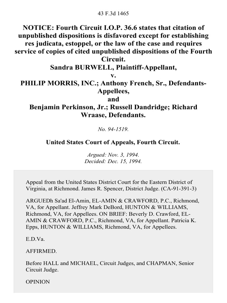 Sandra Burwell v. Philip Morris, Inc. Anthony French, SR., and Benjamin ...