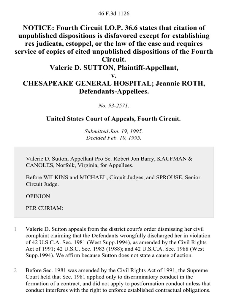 Valerie D. Sutton v. Chesapeake General Hospital Jeannie Roth, 46 F.3d ...