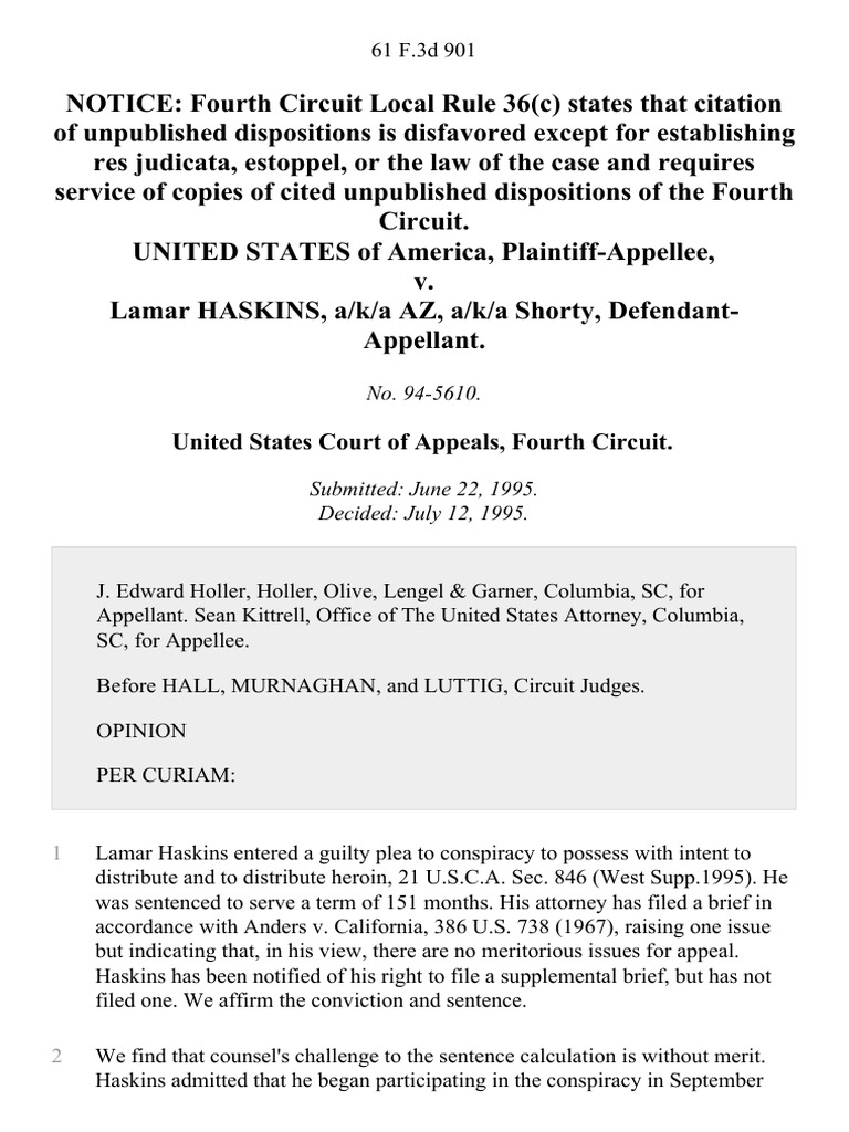 United States v. Lamar Haskins, A/K/A Az, A/K/A Shorty, 61 F.3d 901 ...