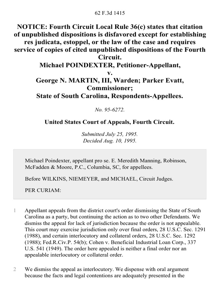 Michael Poindexter v. George N. Martin, Iii, Warden Parker Evatt ...