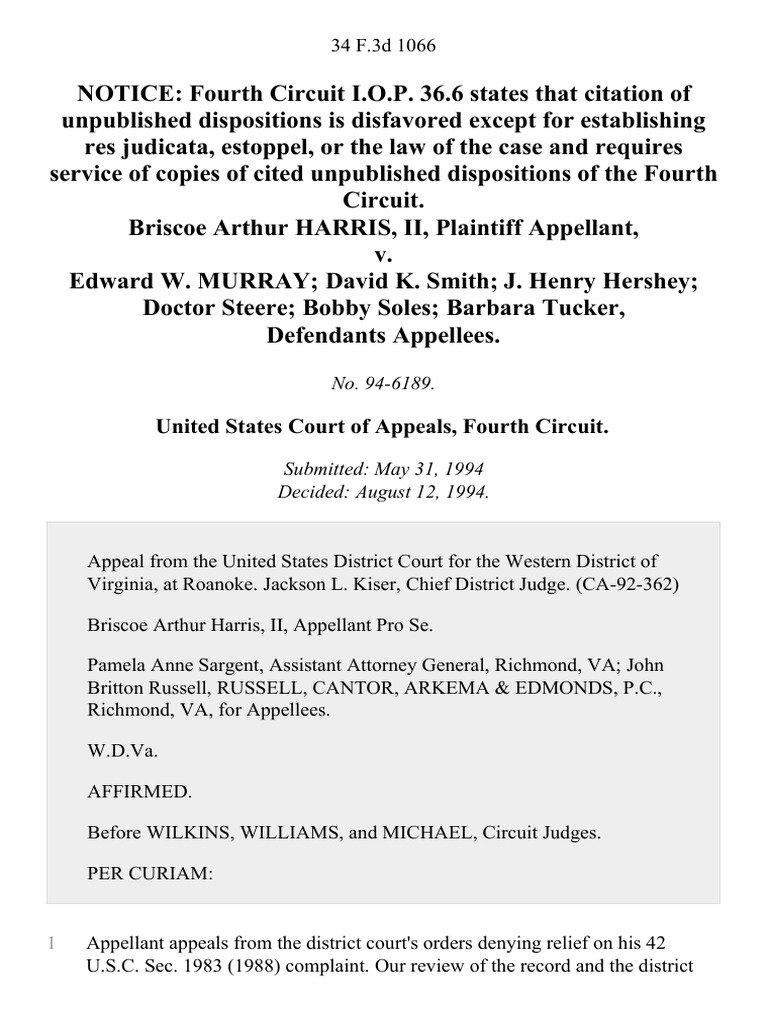Briscoe Arthur Harris, II v. Edward W. Murray David K. Smith J. Henry ...