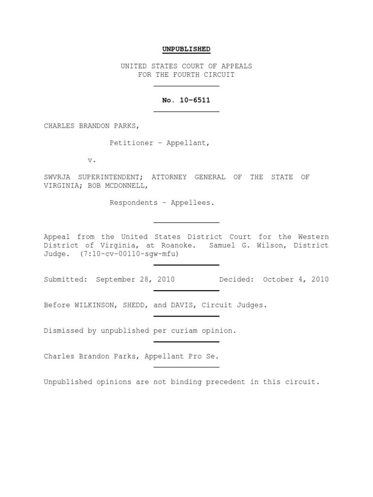Parks v. SWVRJA Superintendent, 4th Cir. (2010) | PDF