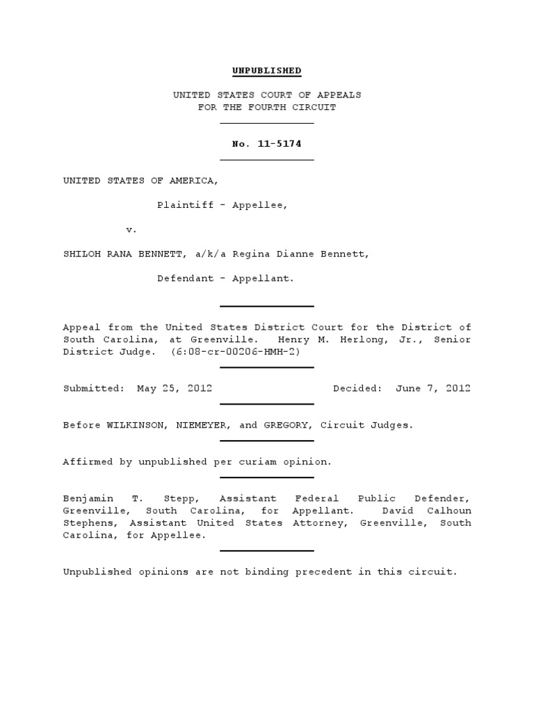United States v. Shiloh Bennett, 4th Cir. (2012) | Appeal | Precedent