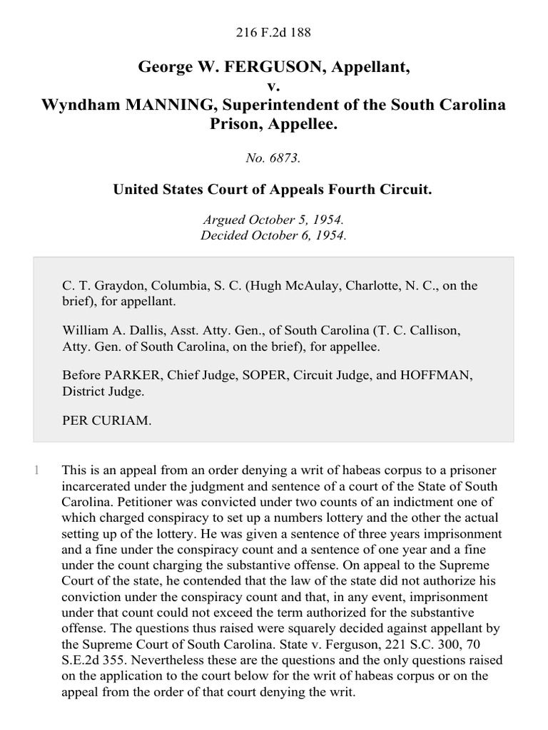 George W. Ferguson v. Wyndham Manning, Superintendent of The South ...