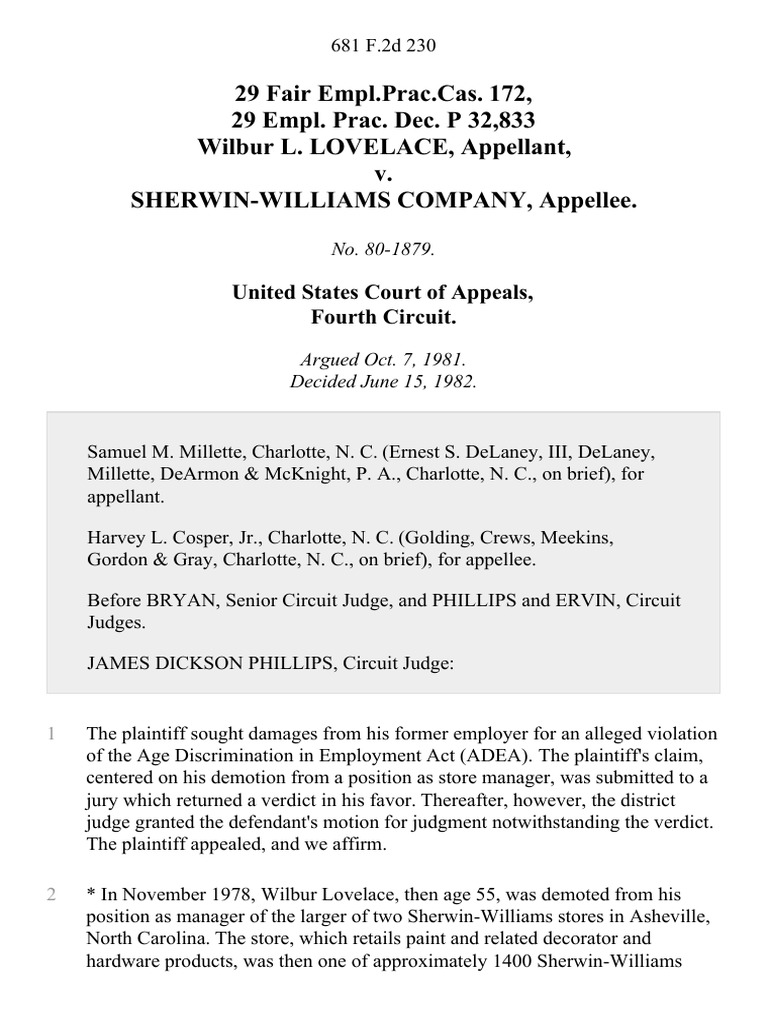 Lovelace v. Sherwin-Williams ADEA Case | PDF | Evidence | Burden Of ...