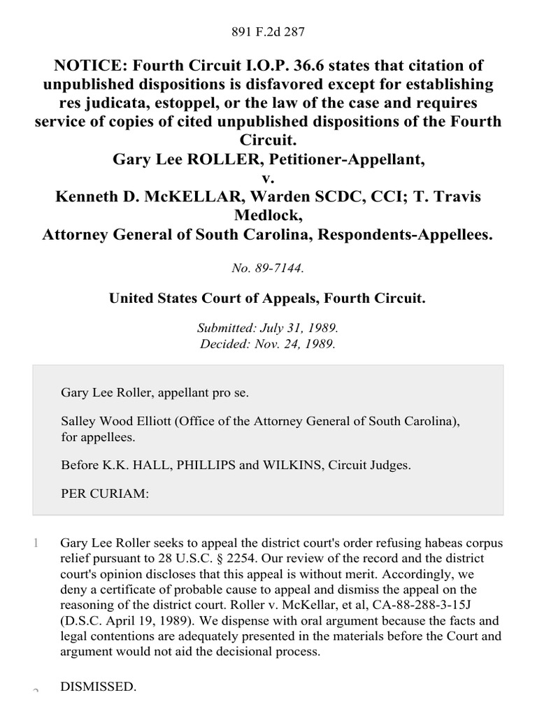 Gary Lee Roller v. Kenneth D. McKellar Warden SCDC, Cci T. Travis ...