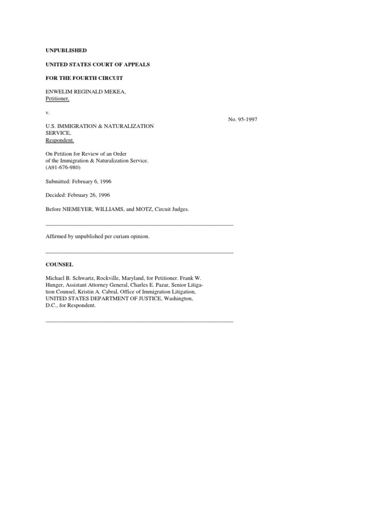 Mekea v. INS, 4th Cir. (1996) | PDF | Moral Turpitude | Precedent