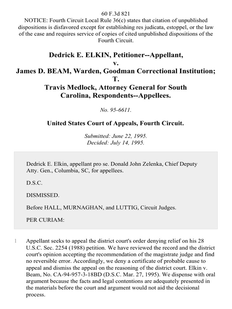 Dedrick E. Elkin v. James D. Beam, Warden, Goodman Correctional ...