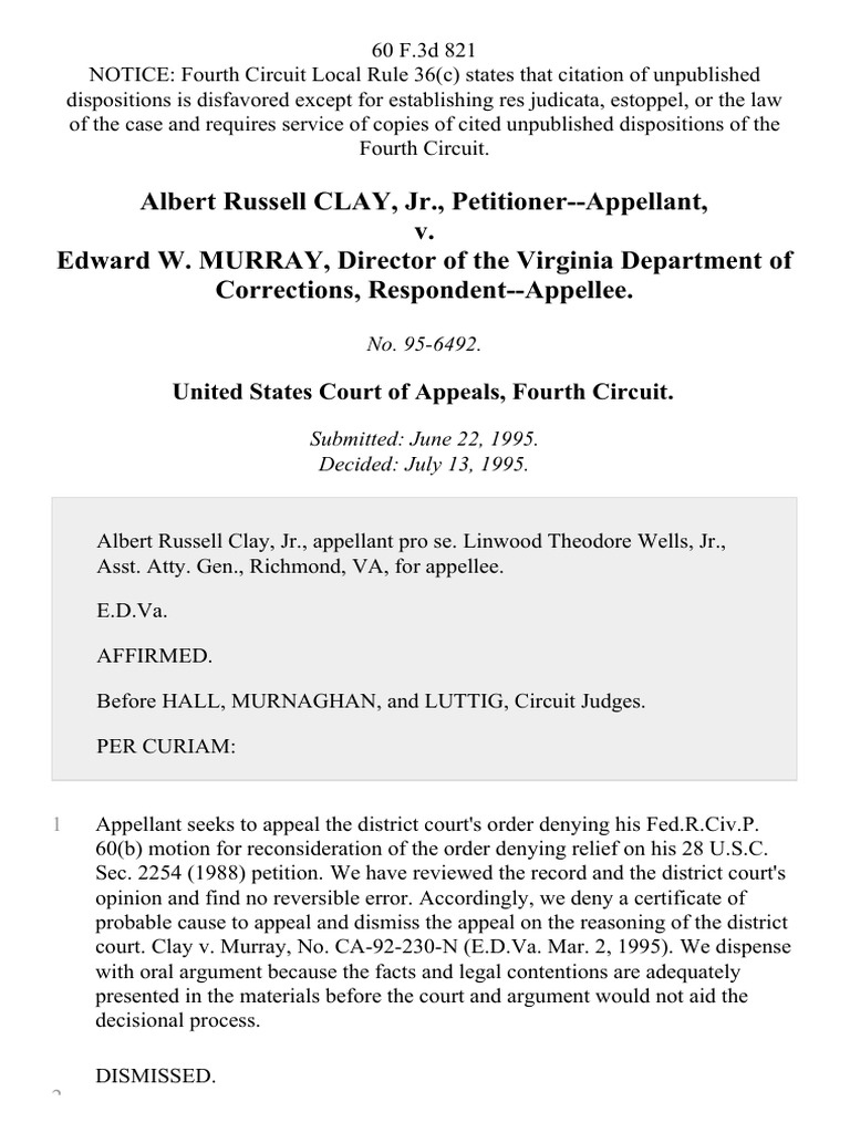 Albert Russell Clay, Jr. v. Edward W. Murray, Director of The Virginia ...