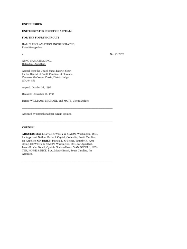 Hall's Reclamation v. APAC Carolina, Inc., 4th Cir. (1996) | PDF ...