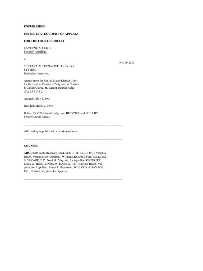 Lewis v. Sentara Alternative, 4th Cir. (1998) | PDF | United States Law ...