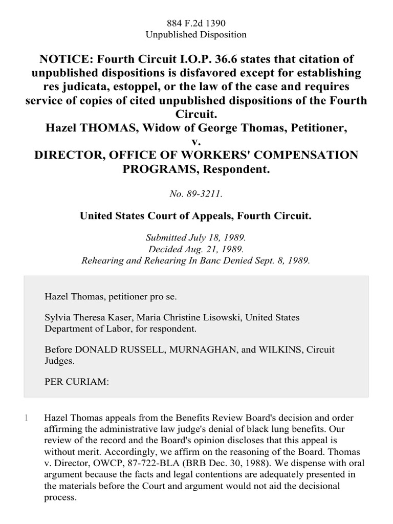 Hazel Thomas v. OWCP: Black Lung Appeal | PDF | Law