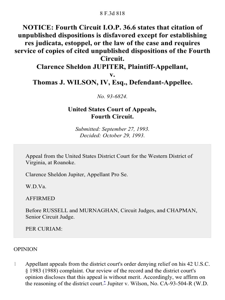 Clarence Sheldon Jupiter v. Thomas J. Wilson, Iv, Esq., 8 F.3d 818, 4th ...