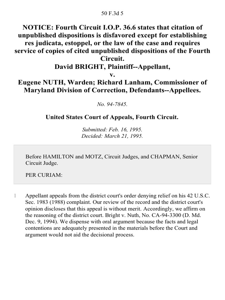 David Bright v. Eugene Nuth, Warden Richard Lanham, Commissioner of Maryland Division of ...