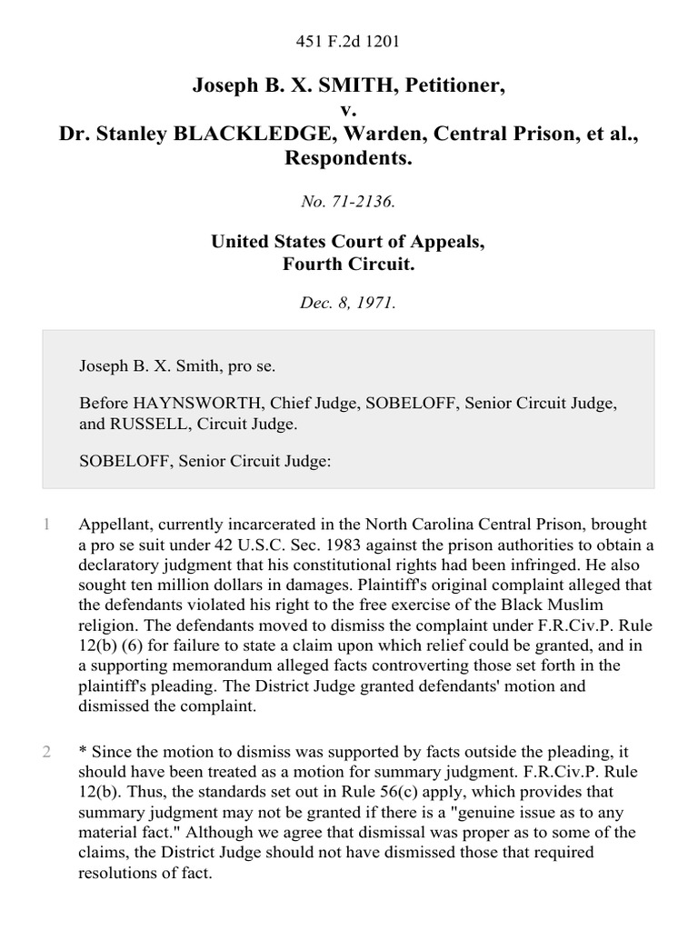 Joseph B. X. Smith v. Dr. Stanley Blackledge, Warden, Central Prison ...