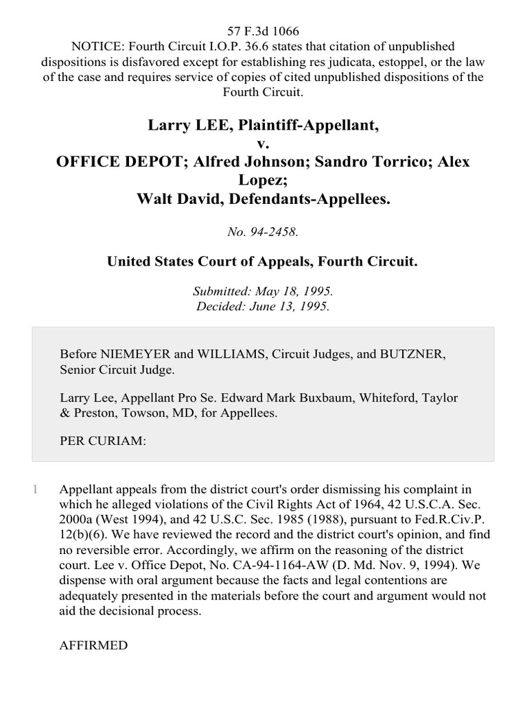 Larry Lee v. Office Depot Alfred Johnson Sandro Torrico Alex Lopez Walt ...