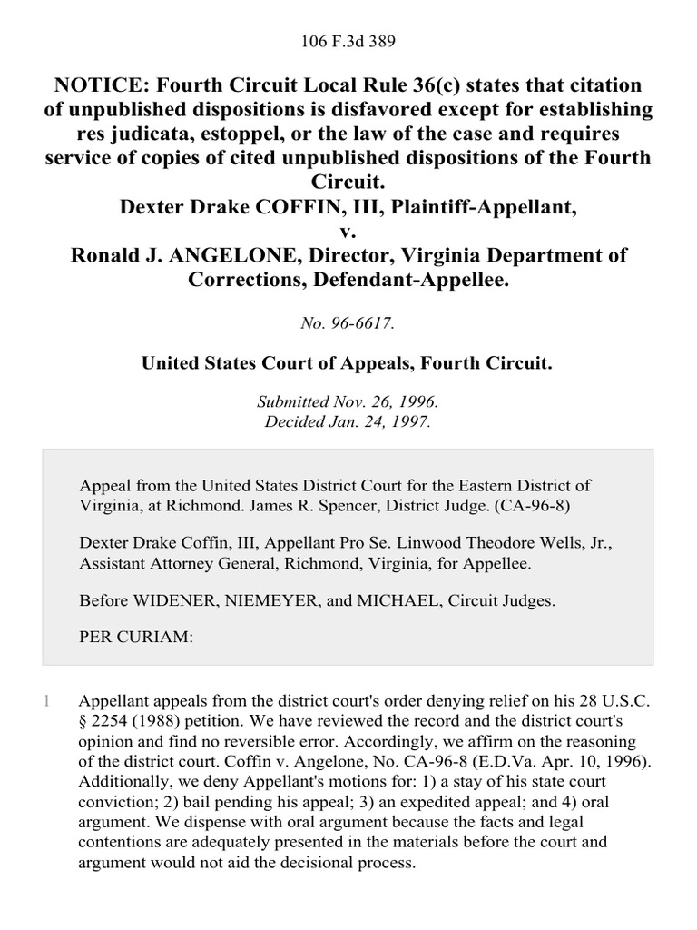 Dexter Drake Coffin, III v. Ronald J. Angelone, Director, Virginia ...