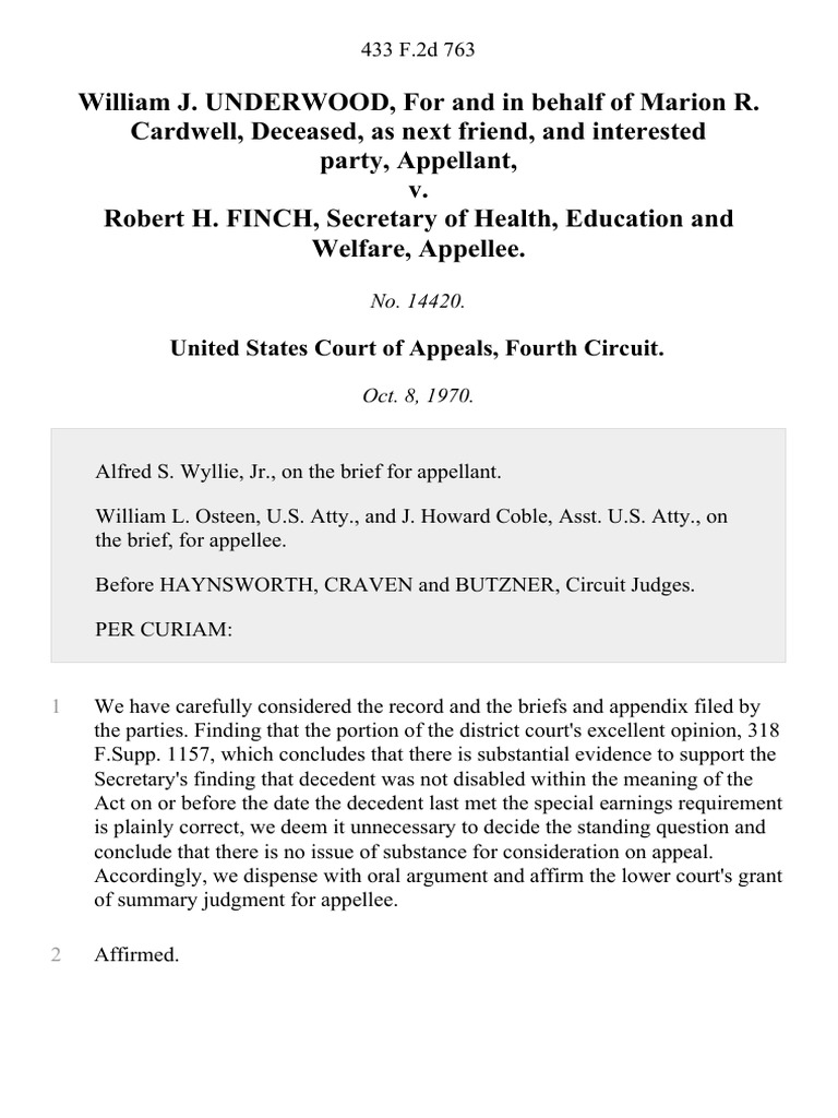 William J. Underwood, for and in Behalf of Marion R. Cardwell, Deceased ...