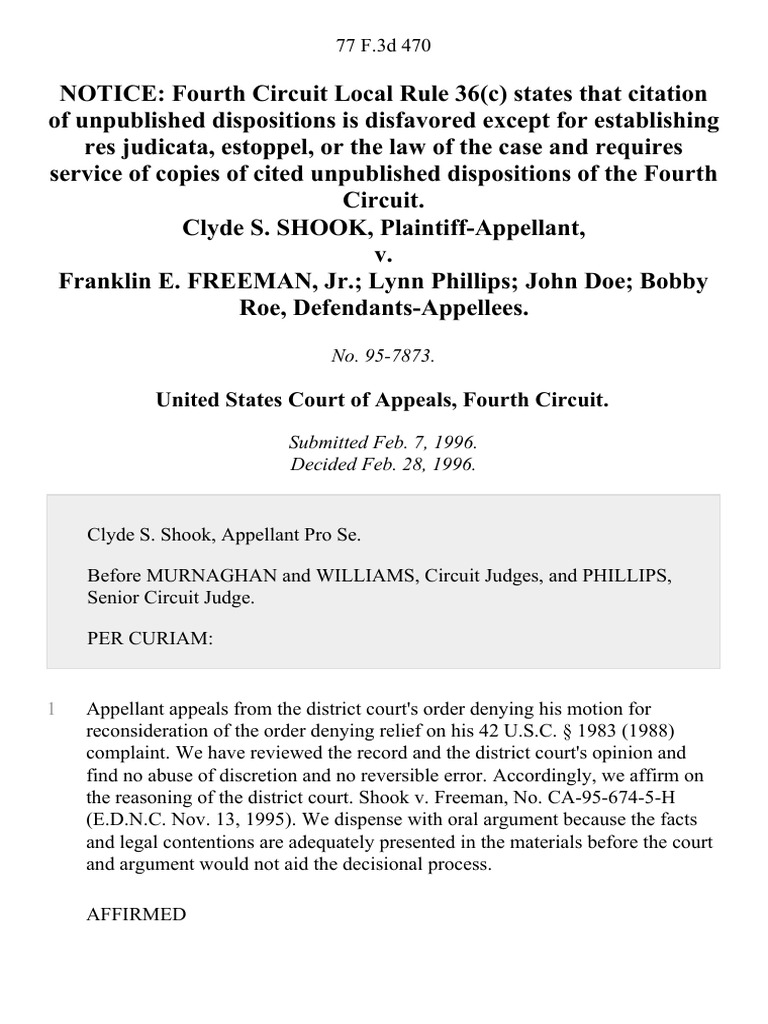 Clyde S. Shook v. Franklin E. Freeman, Jr. Lynn Phillips John Doe Bobby Roe, 77 F.3d 470, 4th ...