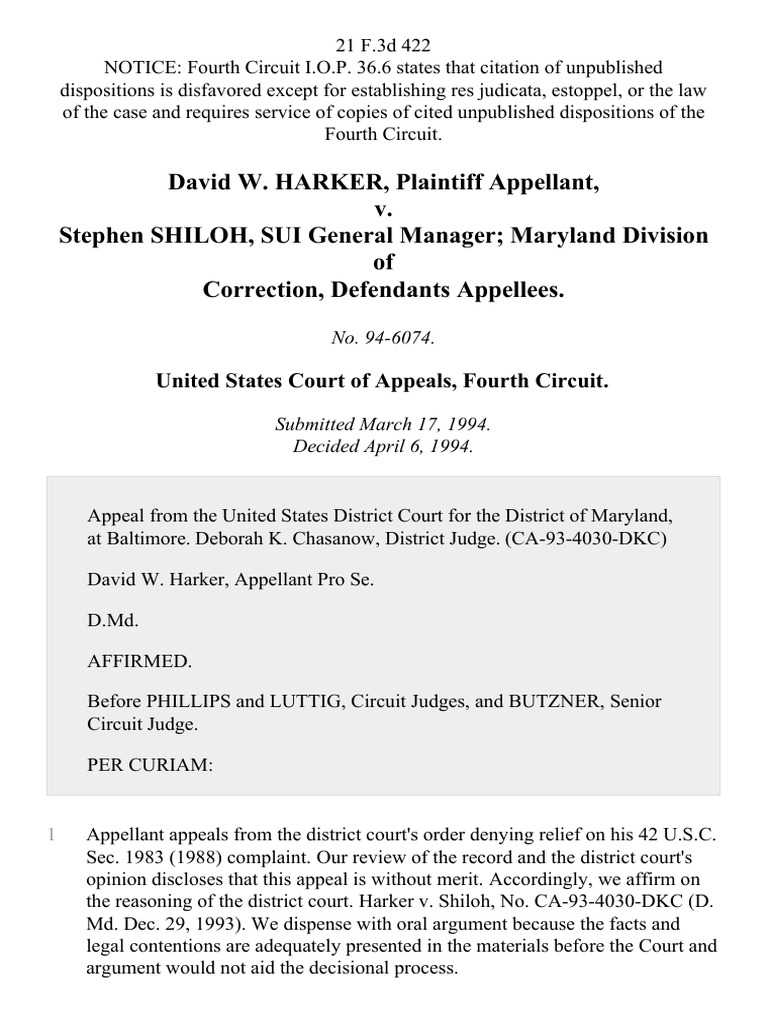 David W. Harker v. Stephen Shiloh, Sui General Manager Maryland ...