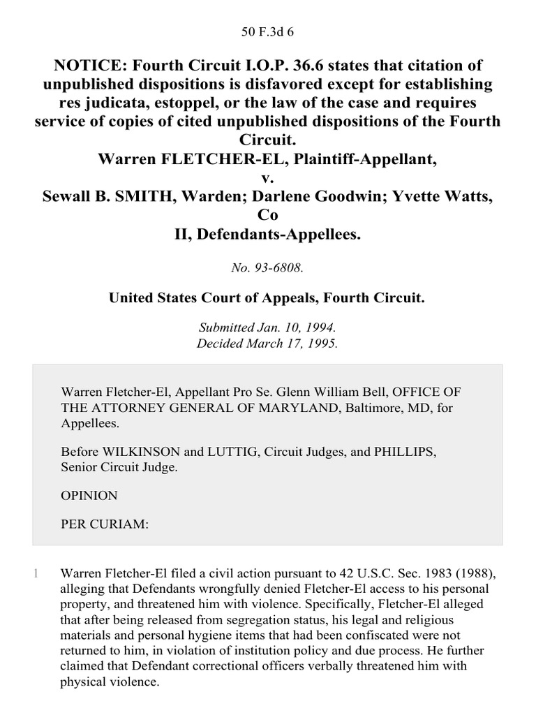 Warren Fletcher-El v. Sewall B. Smith, Warden Darlene Goodwin Yvette ...