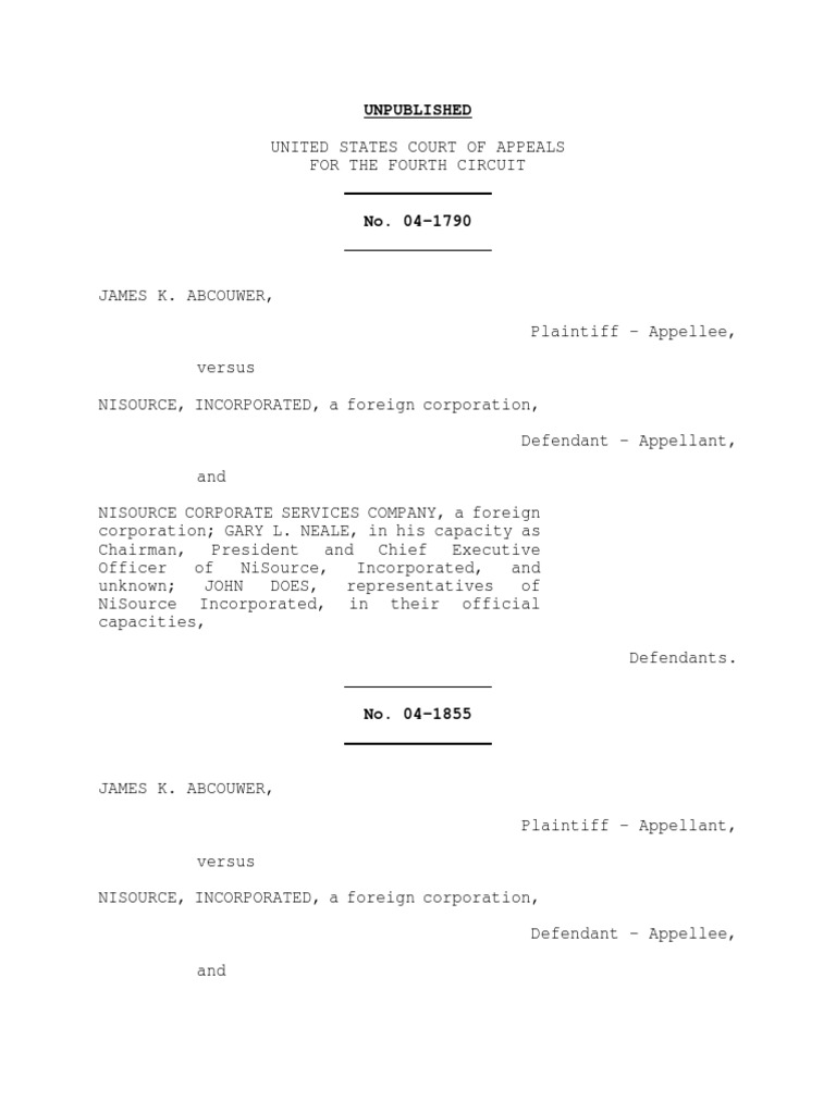 Abcouwer v. NiSource Inc, 4th Cir. (2005) | PDF | United States Law ...