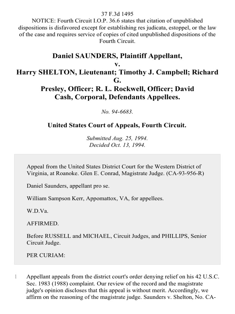 Daniel Saunders v. Harry Shelton, Lieutenant Timothy J. Campbell ...