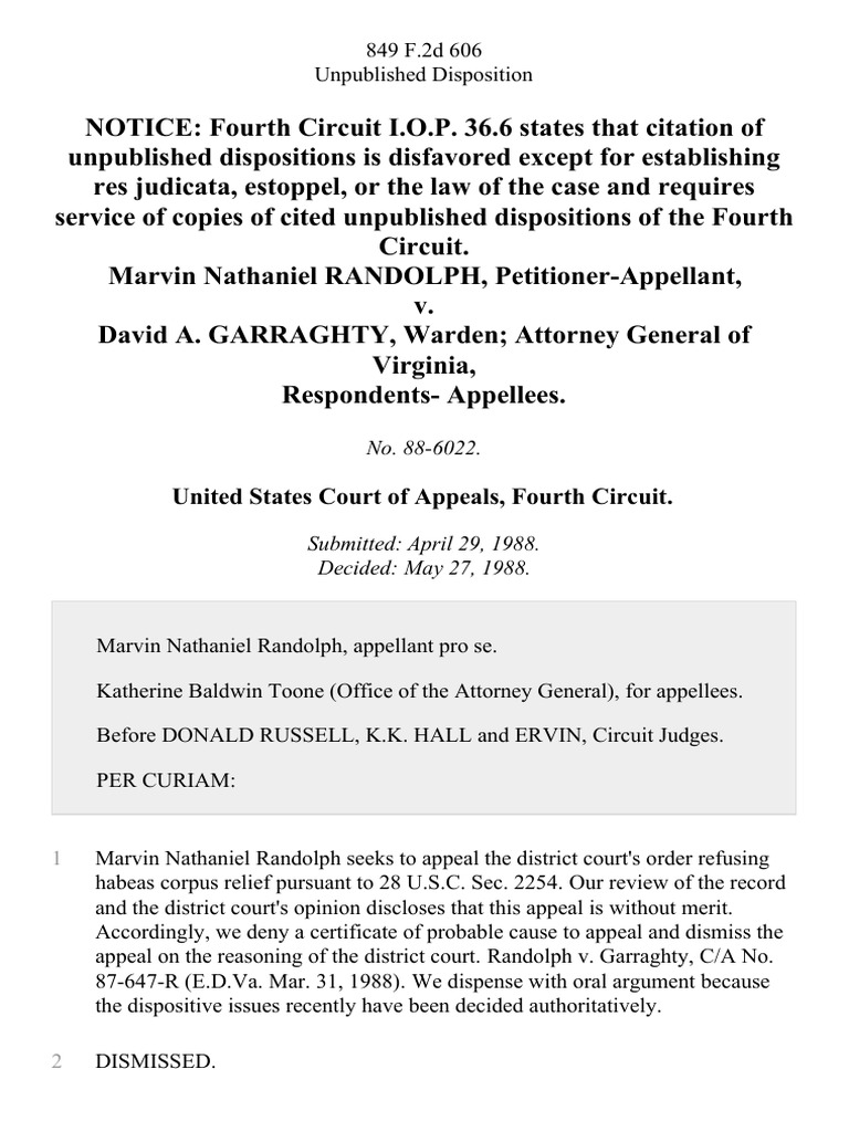 Marvin Nathaniel Randolph v. David A. Garraghty, Warden Attorney ...