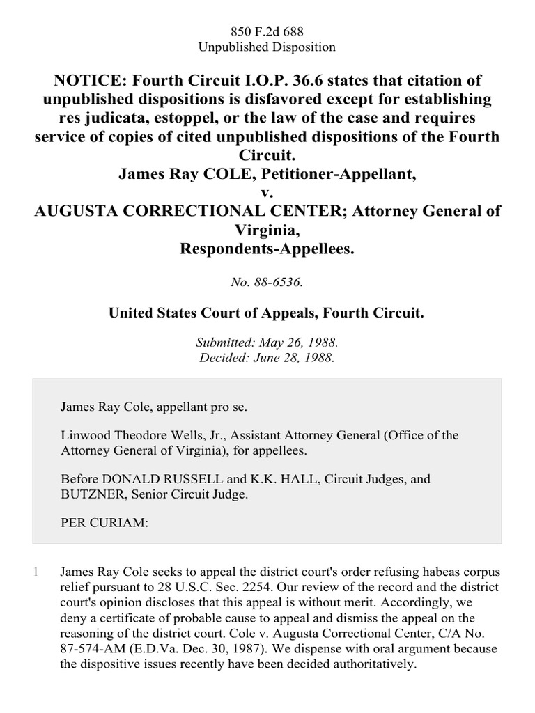 James Ray Cole v. Augusta Correctional Center Attorney General of ...