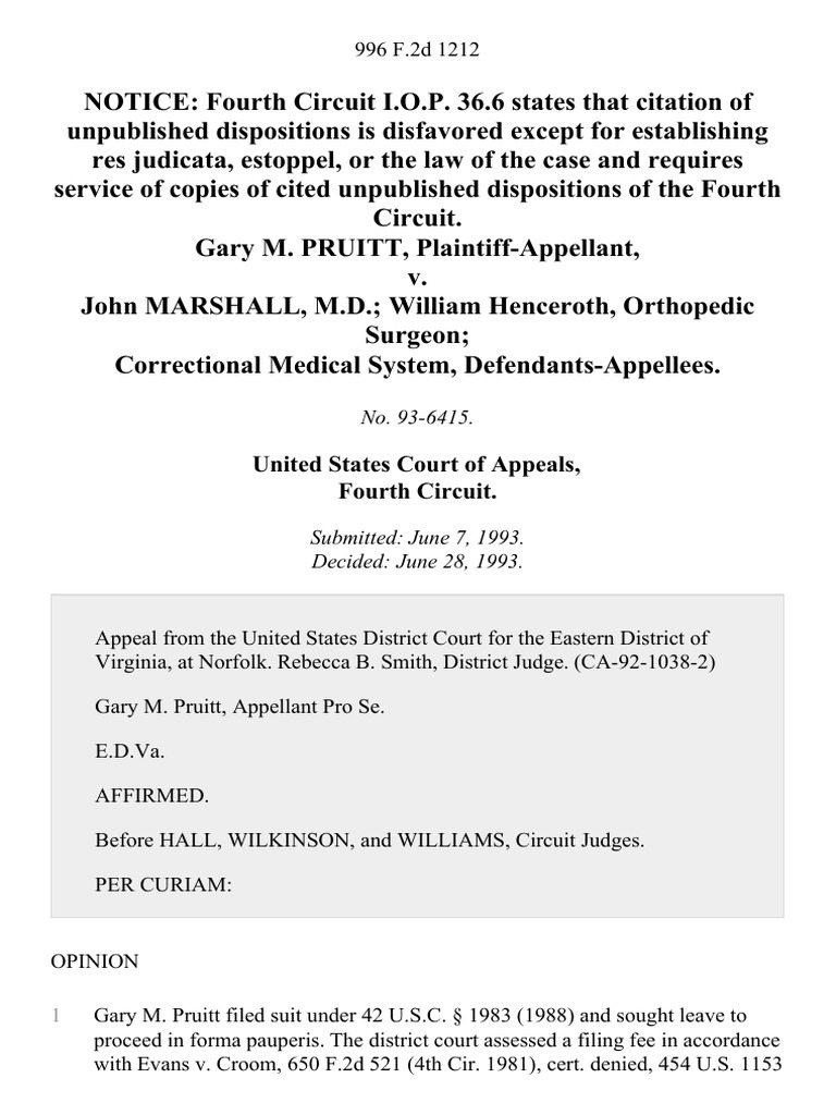 Gary M. Pruitt v. John Marshall, M.D. William Henceroth, Orthopedic Surgeon Correctional Medical ...