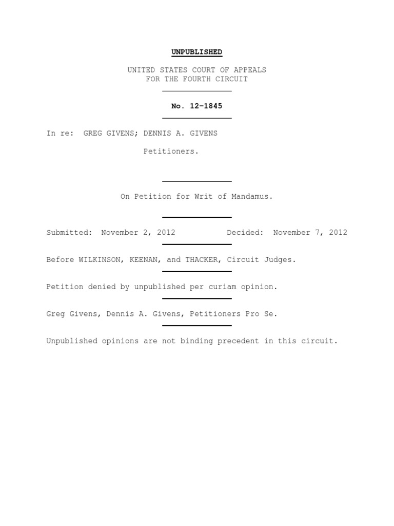 In Re: Greg Givens, 4th Cir. (2012) | PDF