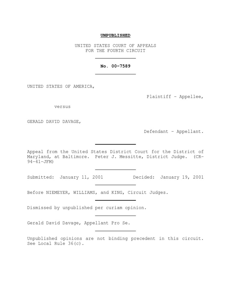 United States v. Davage, 4th Cir. (2001) | PDF | Politics | Social Science