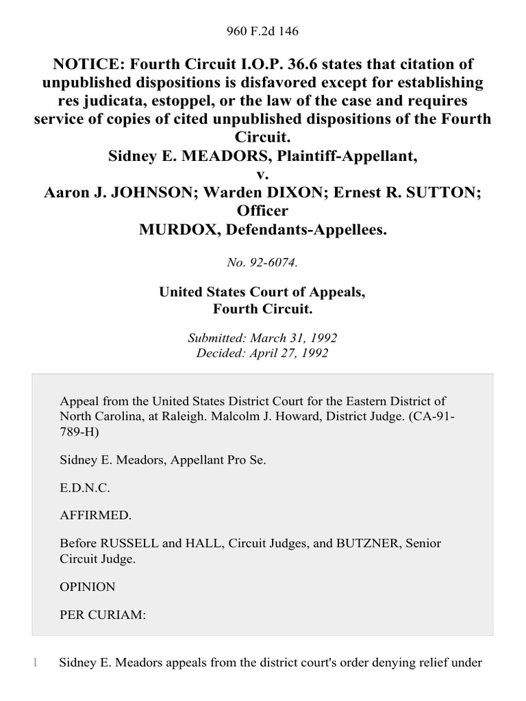 Meadors v. Johnson: Fourth Circuit Appeal | PDF
