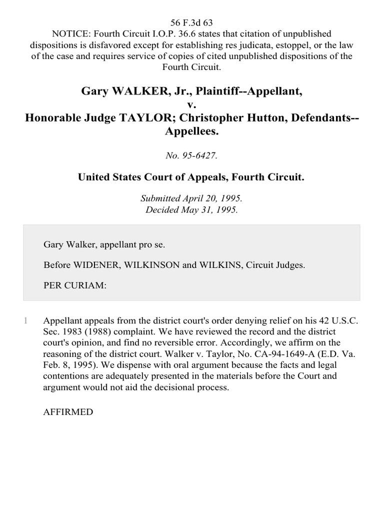 Gary Walker, Jr. v. Honorable Judge Taylor Christopher Hutton, 56 F.3d ...
