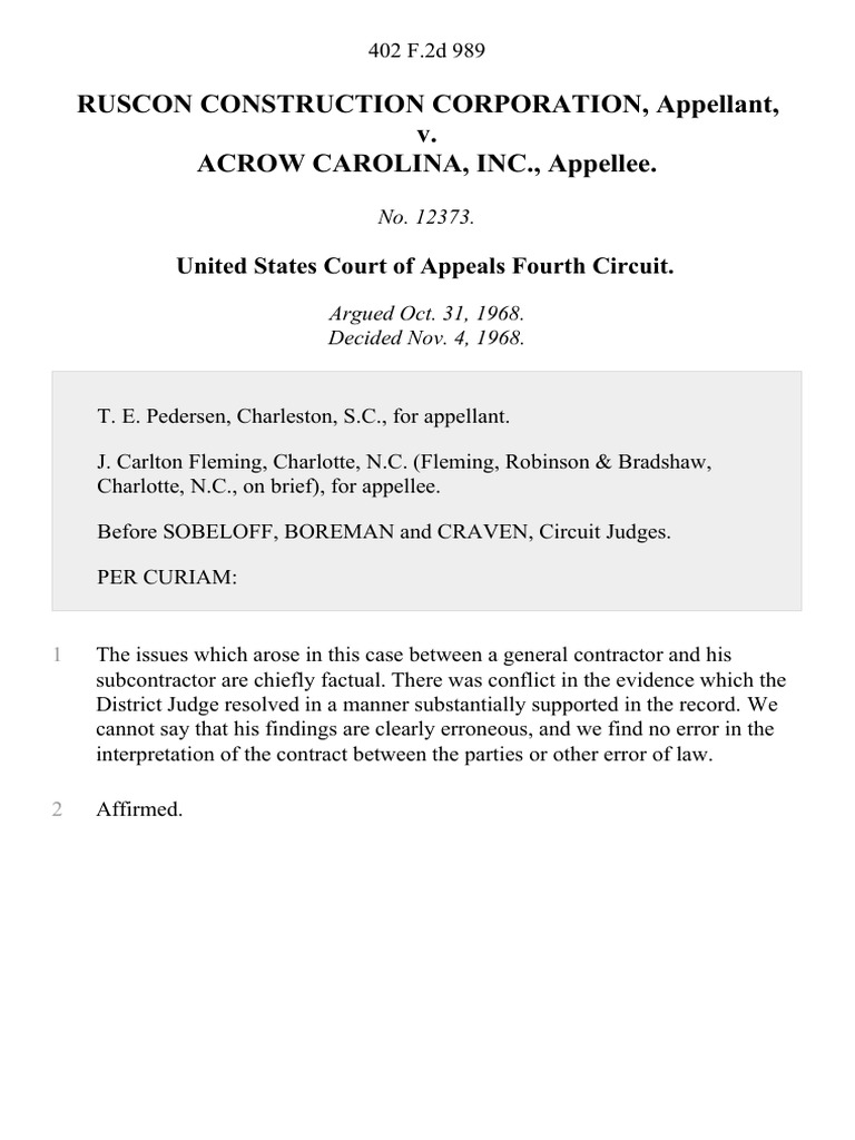 Ruscon Construction Corporation v. Acrow Carolina, Inc., 402 F.2d 989 ...